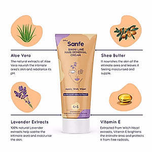 Sanfe Bikini Line Hair Removal Cream with Spatula and Intimate Wipes - 100g - Natural and Safe for sensitive skin - Lavender, Aloe Vera, Shea Butter