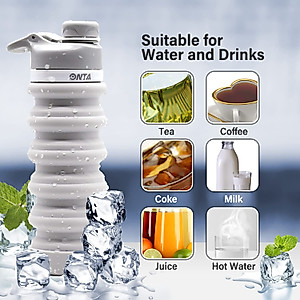 ONTA Collapsible Water Bottle- BPA Free Silicone Foldable Water Bottle for Travel,Silicone Portable Leak-Proof Travel Water Bottle 20oz, gray