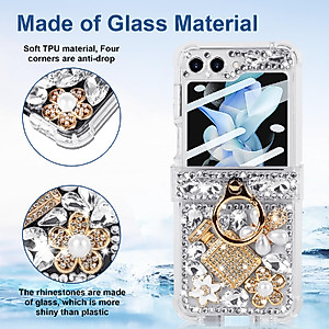 Leiju Case for Samsung Galaxy Z Flip 5 Cute Case with Strap Hinge Protection,3D Handmade Sparkle Stunning Stones Crystal Diamond Bling Glitter Phone Case with Screen Protector