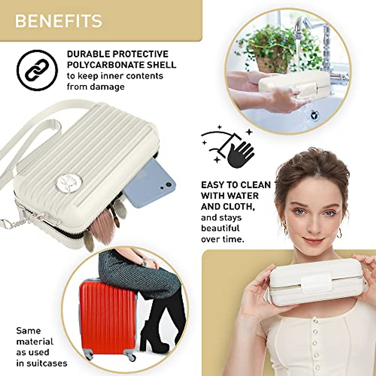 Aestoria Hardshell White Clutch Purses for Women, Adjustable Leather Strap with Light Weight & High Resistance Polycarbonate Clutch Bag, Cross Body White Clutches for Women, Carteras De Mujer