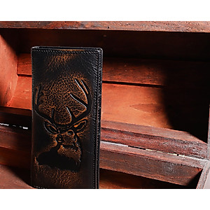 DK86 Deer Long Wallet For Men Full Grain Leather with Hand Burnished Rfid Blocking Rodeo Wallet Bifold Wallet Deer Wallet, Black and Orange