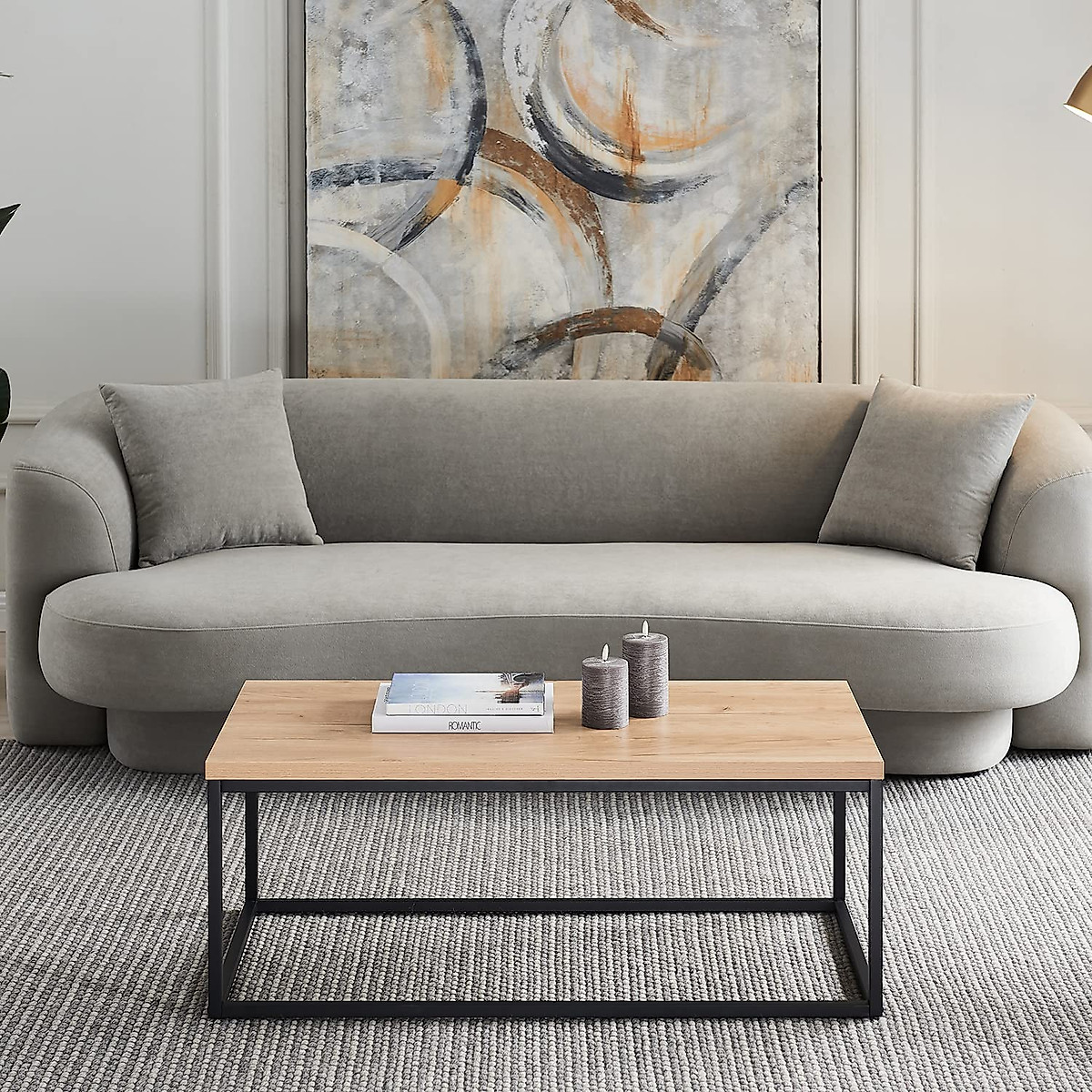 CENSI 40-Inch Natural Oak Coffee Table for Living Room, Rectangle, Mid-Century Modern, Extra Thick Top, Wood and Metal (Natural Oak)