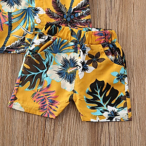 QWEP Toddler Baby Boys Summer Shorts Set Floral Outfits Button Down Shirt Top Bermuda Shorts Hawaiian Clothes 2 PCS (01 Floral Boys Shorts Coconut Yellow, 2-3T)