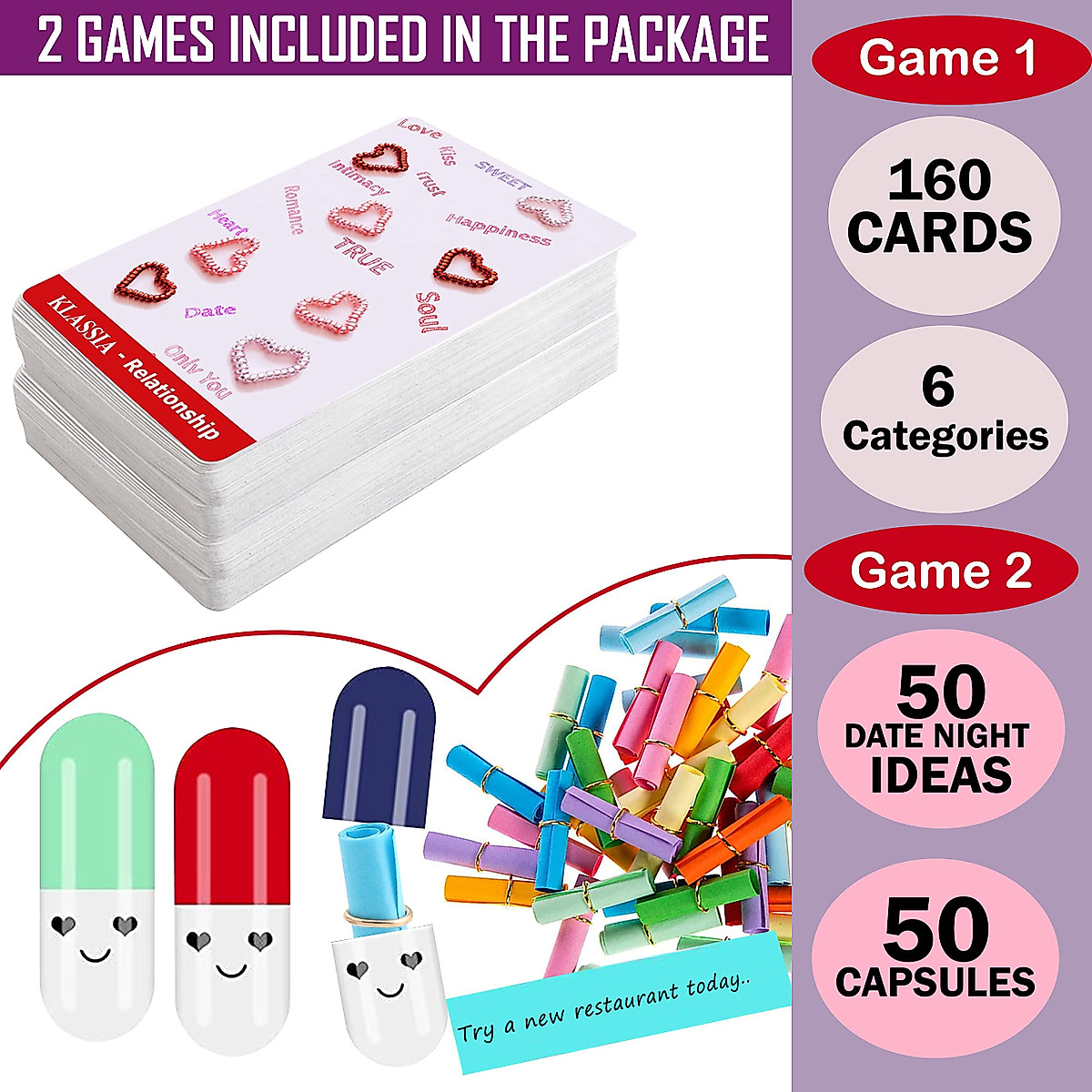 Klassia Romantic Games for Couples- Fun Conversation Cards for Better Relationship- Date Night Box- 160 Questions - Perfect Anniversary & Valentines Day Gifts for Couples