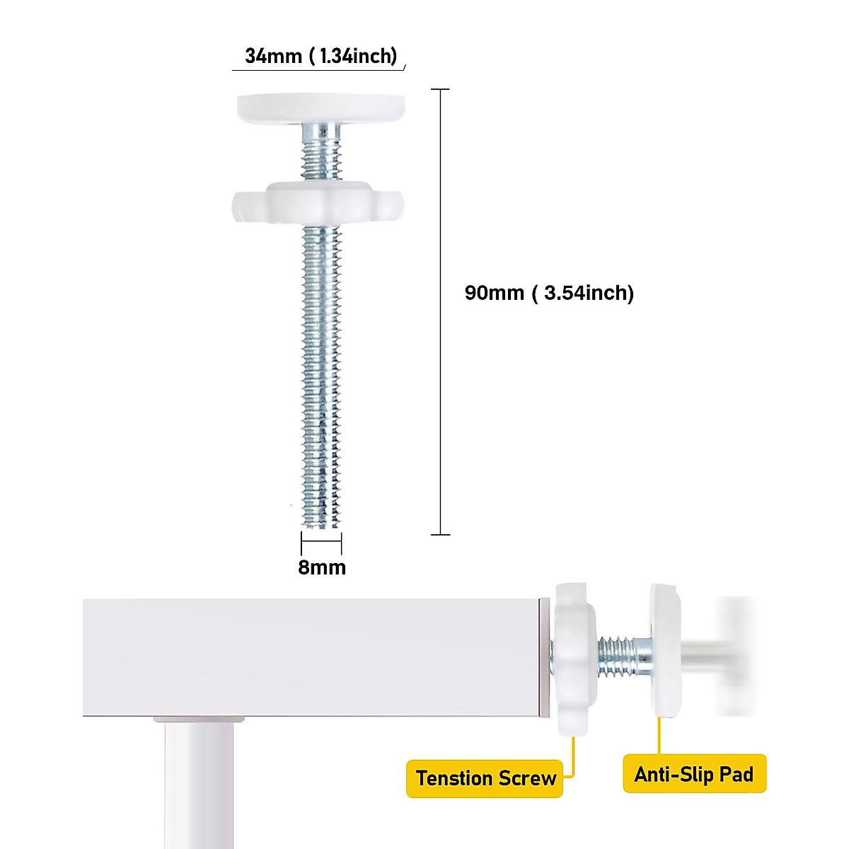 4 Pack Baby Gate Threaded Spindle Rod 8MM(M8), Replacement Screw Bolts Hardware Parts Kit for Pet & Dog Pressure Mounted Safety Door & Stair Gates (a White)