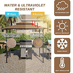 8 x 5 FT Grill Pergola Tent with Air Vent Double Tiered BBQ Gazebo Outdoor Barbecue Canopy, Khaki, Outdoor Double Roof Steel Frame Canopy Gazebo for Lawn, Garden, Backyard and Deck