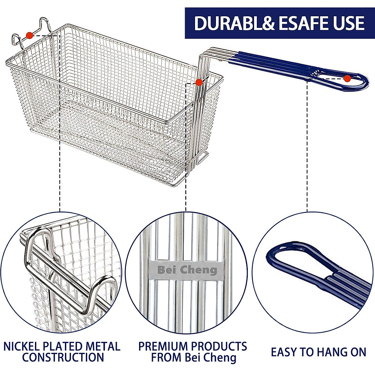 2PCS Deep Fryer Basket With Non-Slip Handle Heavy Duty Nickel Plated Iron Construction 13 1/4" x 6 1/2" x 6" Commercial Use