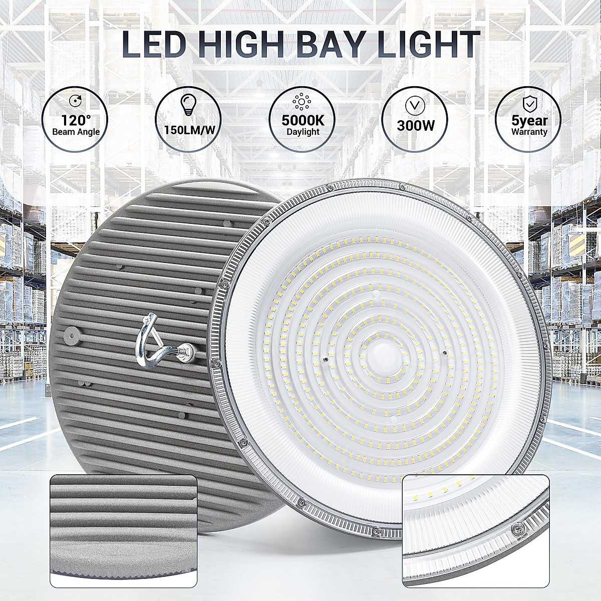 XYCN 4 Pack 300W UFO Led High Bay Light,100-277v,5000K Daylight Commercial Bay Lighting,IP66 Waterproof,45050LM,1300W MH/HPS With Plug Area Lighting For Warehouse/Shop/Workshop/Garage/Barn/Gym/Factory