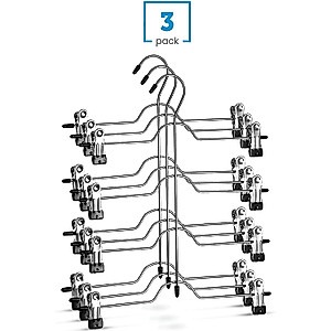 Zober Space Saving 4 Tier Skirt Hanger with Adjustable Clips (3 Pack) 4-on-1 Hanger, GAIN 50% More Space, Reliable Non Slip Grip, Durable Metal Pants Hanger Great for Slack, Trouser, Jeans, Towels Etc