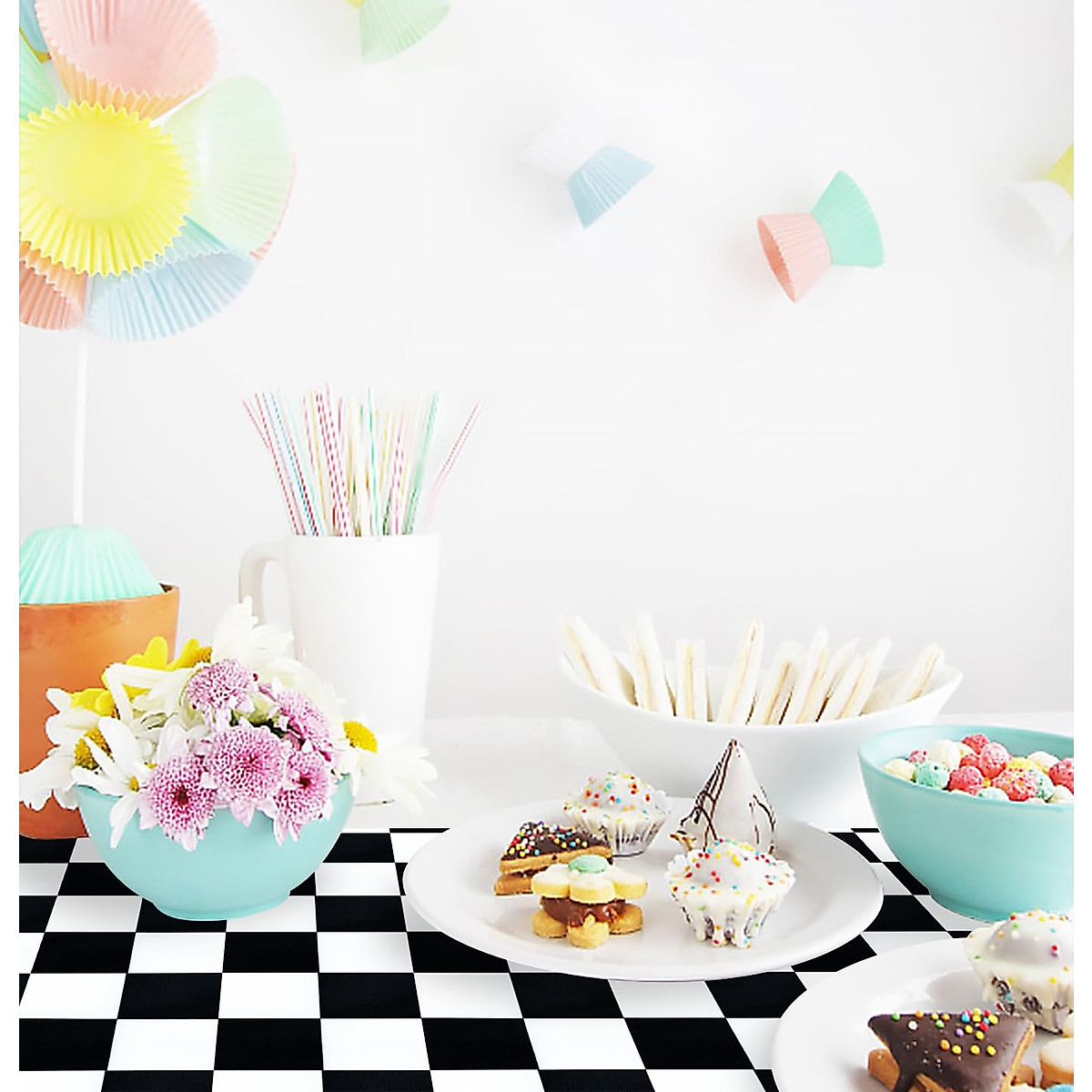 MUNILAIL 6 Pcs Black and White Checkered Table Runner 14 x 108 Plastic Table Runner for Race Car Theme Party Birthday Baby Shower Disposable Table Runner