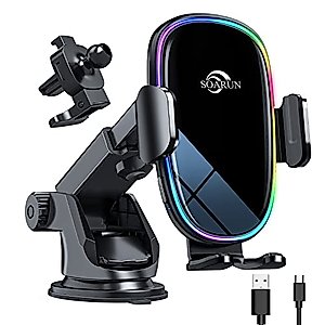 Wireless Car Charger Mount, SOARUN [Unique 7 Colors LED Dynamic Backlit] 15W Wireless Fast Charging Car Phone Holder, Auto-Clamping Wireless Car Charger for iPhone 14 Pro 13 12, Samsung S23 Ultra S22