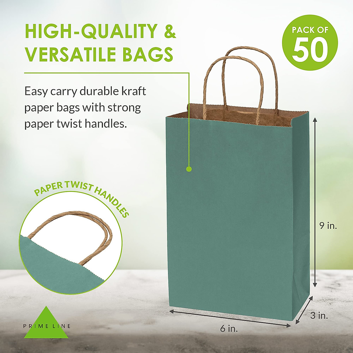 Prime Line Packaging 6x3x9 50 Pack Green Small Gift Bags with Handles, Kraft Colored Paper Bags, Recycled Bags, Items for Wedding Welcome Bags, Bulk