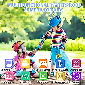 Miiulodi Kids Waterproof Camera - Birthday Gifts for 3 4 5 6 7 8 9 10 Year Old Boys 2 Inch IPS Screen Underwater Action Camera with 32 GB SD Card, Pool Toys for Kids Age 8-12 Blue