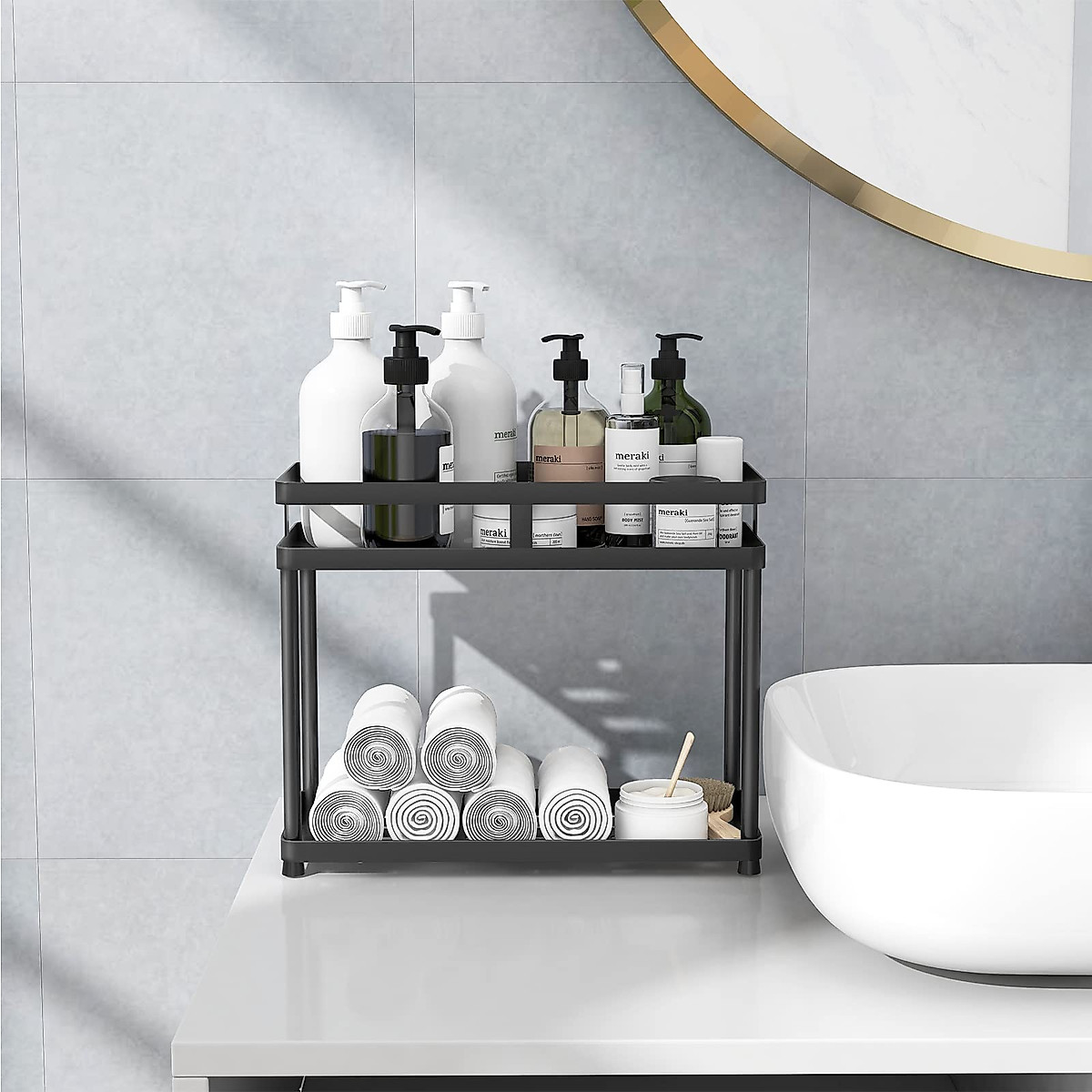 FLE Under Sink Organizer, 2 Tier Metal Under Bathroom Sink Storage Baskets with Hooks, Self Adhesive Black Under Sink Shelf Organizer for Bathroom Kitchen