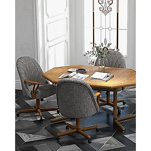 Chromcraft Set of 4 Caster Swivel Tilt Dining Chairs, Luxe Casual Wooden Arm All-Metal Pedestal Base Chairs with Rolling Wheels for Kitchen(Fonzo Marble-Medium Oak)