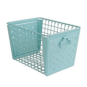 Spectrum Diversified Macklin, Stamped Steel & Wire Basket for Closet & Cubby Storage Vintage-Inspired Design with Customizable Label Plate, Medium, Teal, 1 Count (Pack of 1)