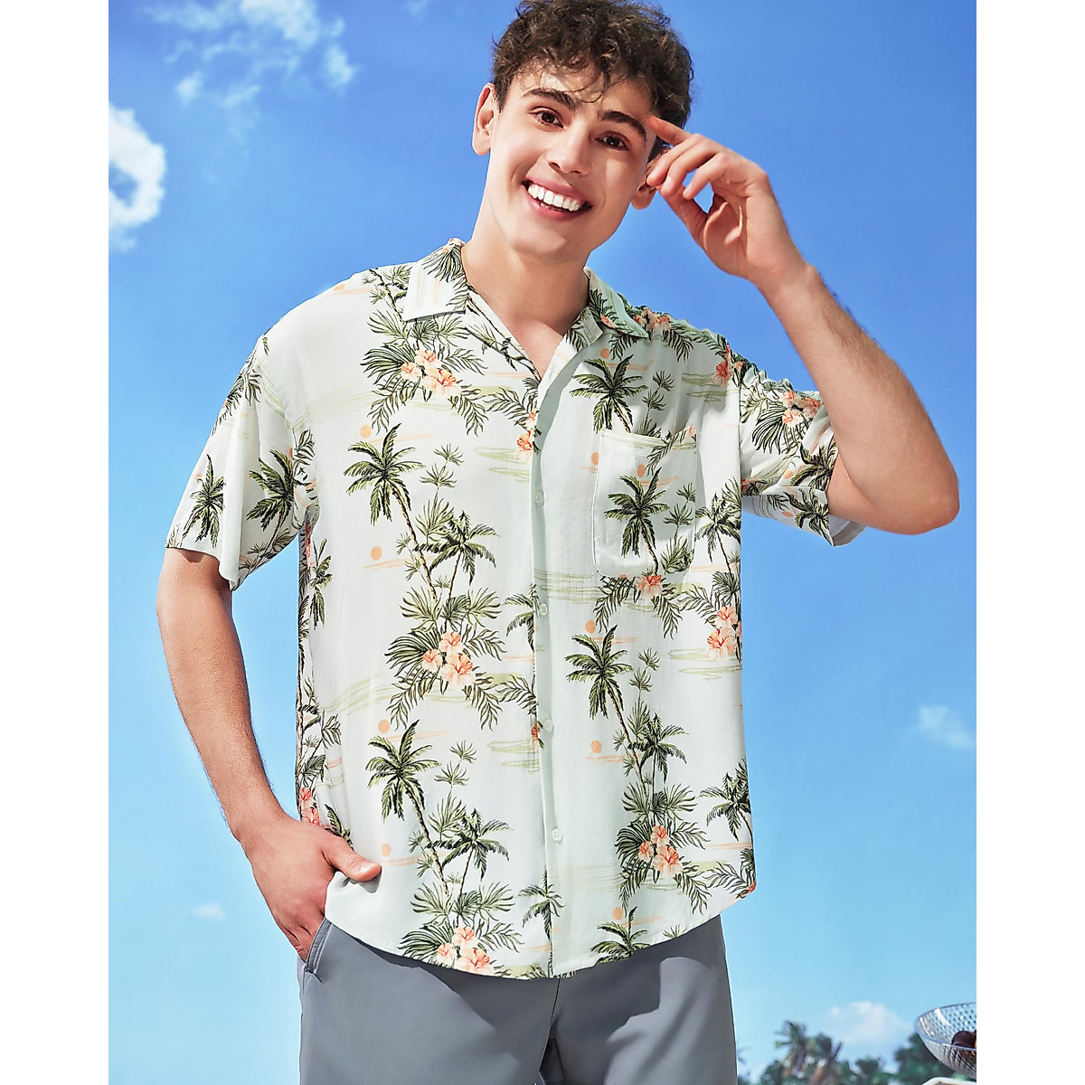 SURF CUZ Mens Hawaiian Shirts Short Sleeve Stretch Loose Fit Casual Aloha Shirt Vacation Mens Tropical Button Down Beach Shirts(White-Coconut Tree,Medium)