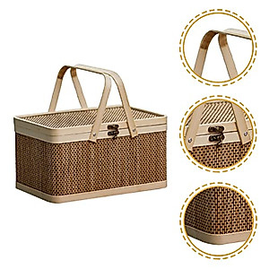 Gadpiparty Large Bamboo Basket Natural -Friendly Woven Basket Bamboo Picnic Basket with Lid Handheld Snacks Bread Storage Basket for Camping - 11.79X7.86X6.48inch