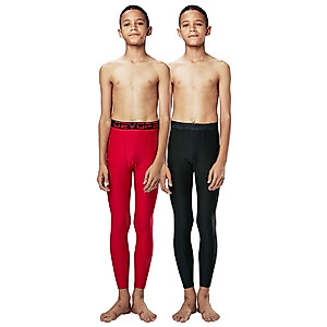 DEVOPS Boys 2-Pack UPF 50+ Compression Tights Sport Leggings Baselayer Pants (Large, Black/Red)