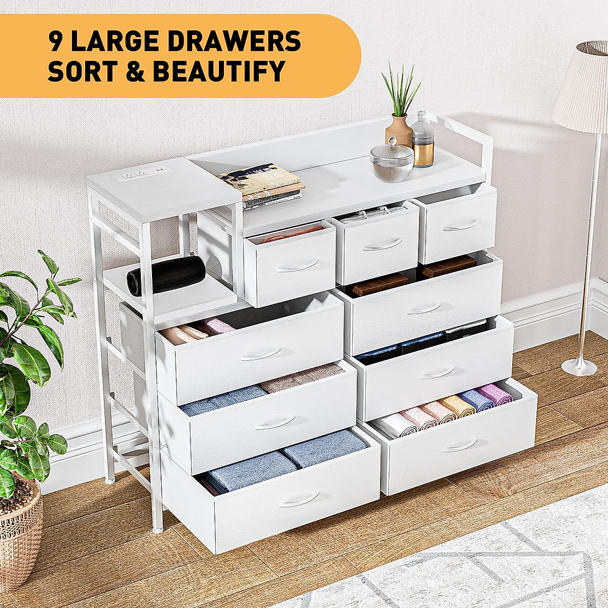 GAOMON Dresser TV Stand with Power Outlet, Bedroom Dresser with 9 Drawers, Chest of Drawers for Living Room, Hallway(White)