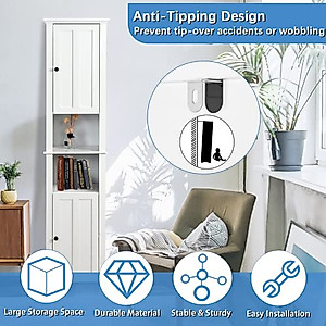 Unovivy Tall Bathroom Storage Cabinet Floor Standing Freestanding Linen Tower with 2 Doors & 6 Shelves, 15.7X 11.8X 66.9 Inches, for Living Room, Kitchen, Off-White