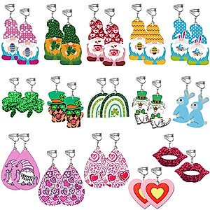 15 Pairs Valentines Day Earrings for Women St.Patrick Day Earrings Easter Clip-On Earring Set with Gnome Heart Clover Green Hat Egg Bunny Faux Leather Dangle Earrings Set for Teen Girls Jewelry