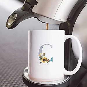 Yelolyio Watercolor Floral Monogram Coffee Mug, Alphabet Initial Letter C Coffee Cup, Monogram Mug Cup, 15oz