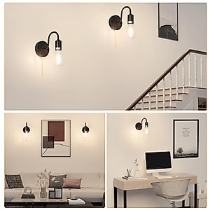 Spiglamm Black Wall Sconces with On/Off Switch,Industrial Metal Wall Lamps for Bedrooms Set of 2, Pull Chain Wall Mount Light for Bedroom Living Room Hallway