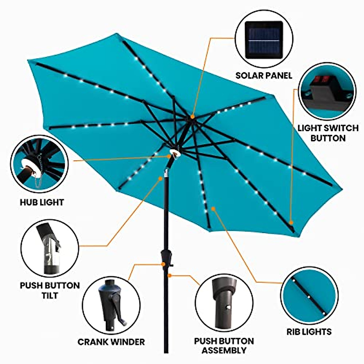 FLAME&SHADE 10 ft Solar Powered Outdoor Market Patio Table Umbrella with LED Lights and Tilt, Aqua Blue