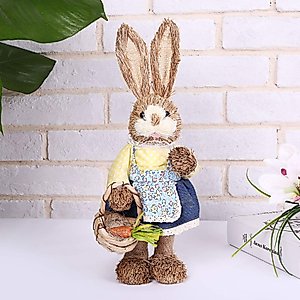Easter Simulation Bunny Figurine Decorations, YeLuck Creative Standing Straw Rabbit with Carrot Basket, Home Table Garden Figurines Tabletopper Accessories Spring Decor,Easter Handmade Gifts