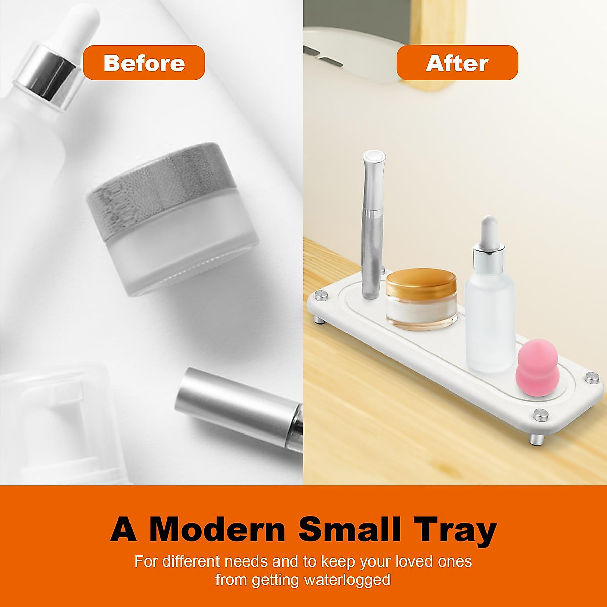 2 Pack Home Sink Caddy, Instant Dry Bathroom Sink Organizer, Fast Drying Diatomaceous Earth Stone Sink Tray Dish for Soap Sponge Holder Toothbrush Cup, Stainless Steel Feet with Rubber Bottom, White