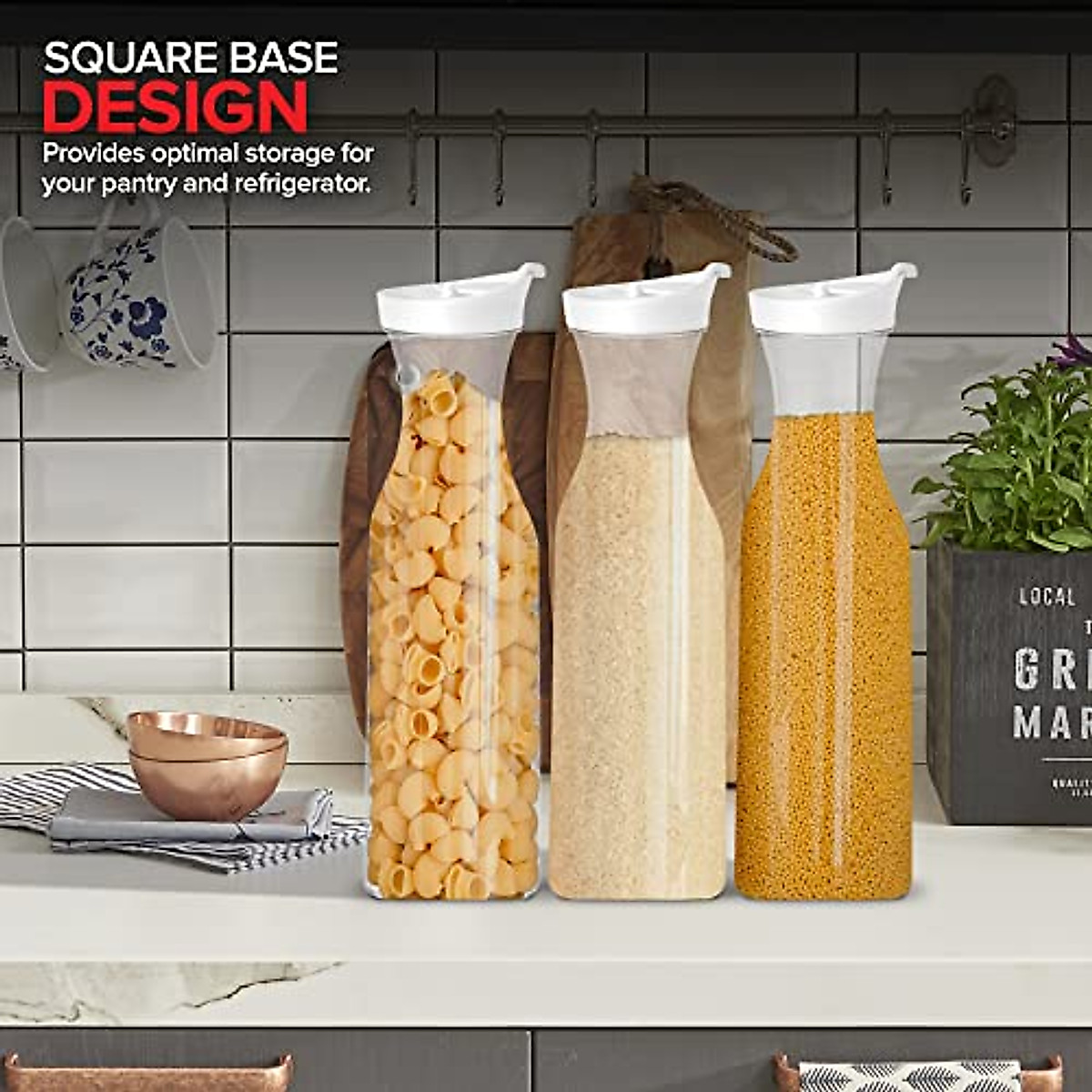 Plastic Juice Carafe with Lids (Set of 2) 50 oz Carafes for Mimosa Bar, Drink Pitcher with Lid, Water Bottle, Milk Container, Clear Beverage Containers for Fridge, Pantry Storage, Square Pitchers