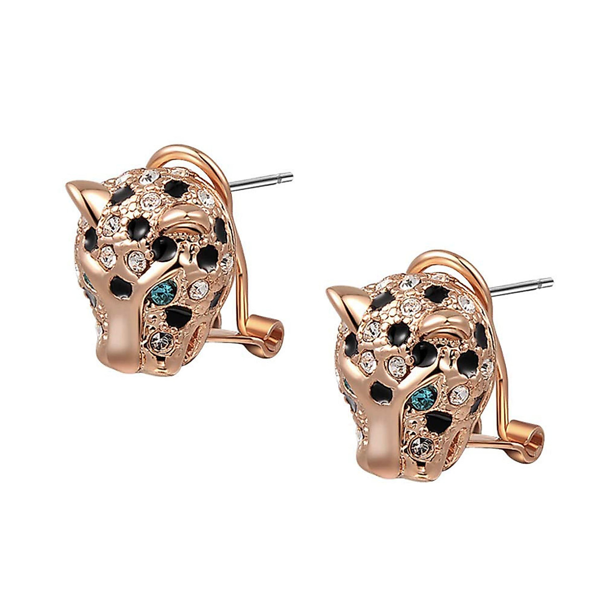 Animal Leopard Panther Jaguar Cheetah Clear and Black Cubic Zirconia Spot Dos Rose Gold Plated Leverback Stud Earrings Fashion Jewelry for Women