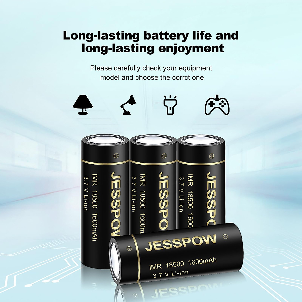 JESSPOW 18500 Rechargeable Batteries with Flat Top, IMR 18500 Rechargeable Li-ion Battery 1600mAh 3.7V for Flashlight, Solar Garden Light (4 Pack)