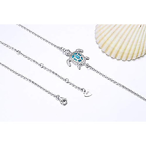 PUPILLEMON Blue Opal Sea Turtle Ankle Sterling Silver Anklet Fine Jewelry for Women Gifts 4 Level Adjustable Anklet (Large Bracelet)