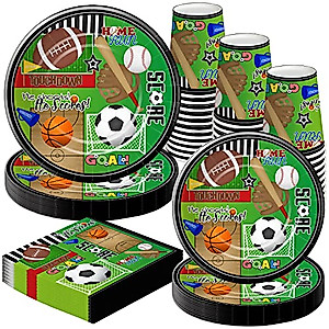 Xigejob Sports Party Supplies Decorations - Sports Theme Birthday Party Supplies, Plates, Cups, Napkins, Sports Birthday Decorations, Soccer Basketball Baseball Football Theme Dinnerware | Serve 48