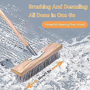 Rough Surfaces Floor Brush with Long Handle, 20cm Heavy Duty Stiff Bristles Floor Scrubber Stainless Steel Wire Deck Scrub Cleaning Tool for Tile, Deck, Garage, Kitchen, Bathroom, Deck