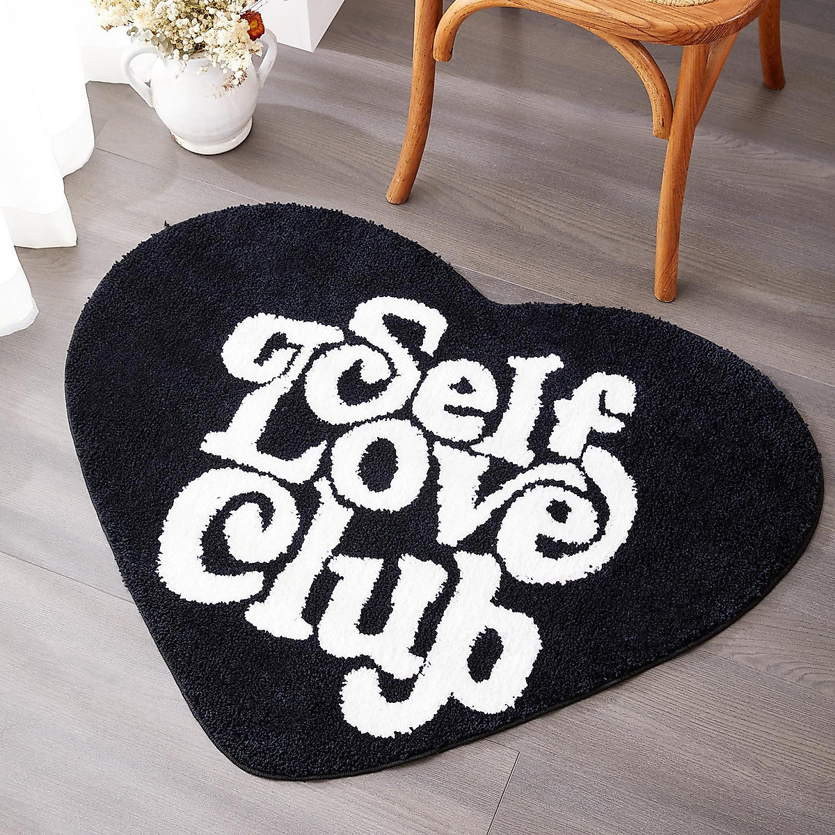 Aldopein Cute Black White Bath Mat for Bathroom Floor Bedroom Aesthetic, Boho Funky Fun Cool Bathroom Rugs Mat Non Slip Washable, Self Love Club Plush Heart Shaped Indoor Small Area Rugs, 24’’x32’’
