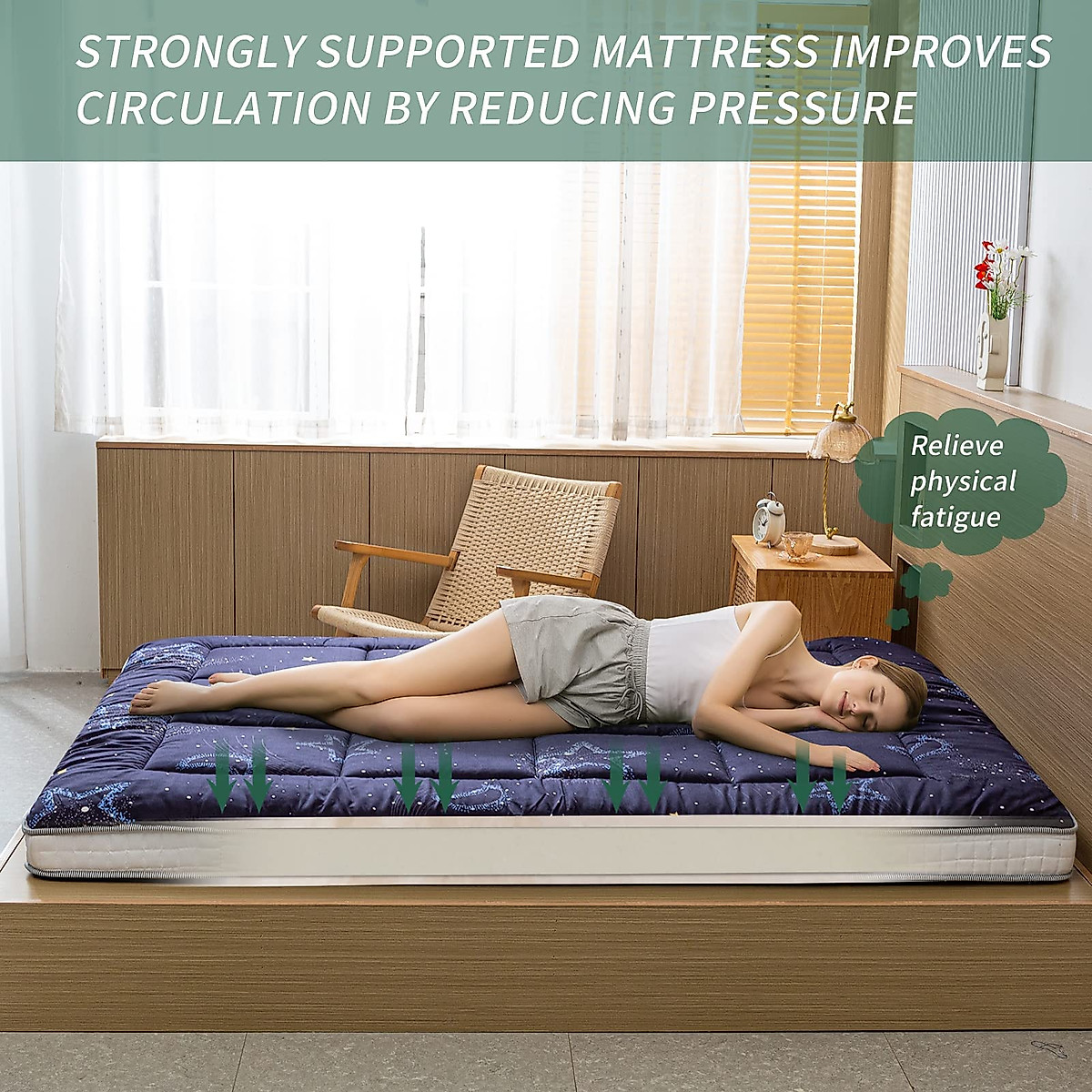 MAXYOYO Black Moon and Star Futon Mattress, Japanese Floor Mattress Quilted Bed Mattress Topper, Extra Thick Folding Sleeping Pad Breathable Floor Lounger Guest Bed for Camping Couch, Twin