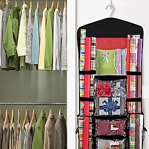 ProPik Hanging Double Sided Wrapping Paper Storage Organizer With Multiple Pockets Organize Your Gift Wrap, Gift Bags Bows Ribbons 40"X17" Fits 40 Inch Rolls Clear PVC Bag (Black)