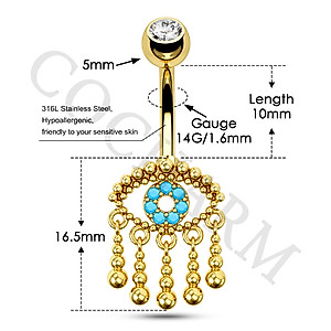 COCHARM Evil Eye Belly Button Rings Dangling 18K Gold Plated Belly Rings for Women 14g Dangle Belly Button Piercing Gold Turquoise Eye Belly Button Jewelry Cute Navel Rings