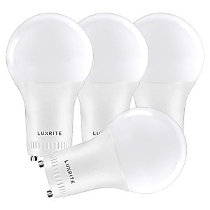 LUXRITE A19 LED GU24 Light Bulb, 60W Equivalent, 3000K Soft White, Enclosed Fixture Rated, 800 Lumens, Dimmable Twist Lock Light Bulbs, Damp Rated, UL Listed, GU24 Base (4 Pack)