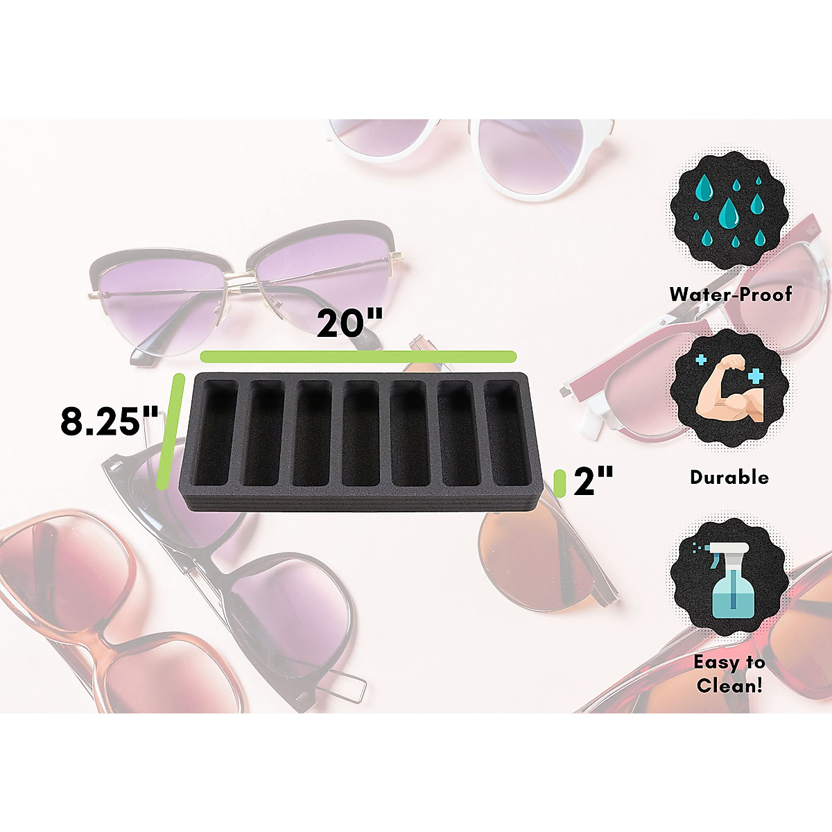 Polar Whale Sunglasses Drawer Organizer Tray Insert for Home Bedroom Bathroom Vanity Dresser Counter Table Waterproof Washable Black Foam 7 Compartment 8.25 x 20 Inches