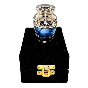 AKANKSHA ARTS Classic Small Mini Cremation Keepsake Urn for Human Ashes – with Box and Velvet Box - 2.6 inch - Blue Fire Design - Made of Brass