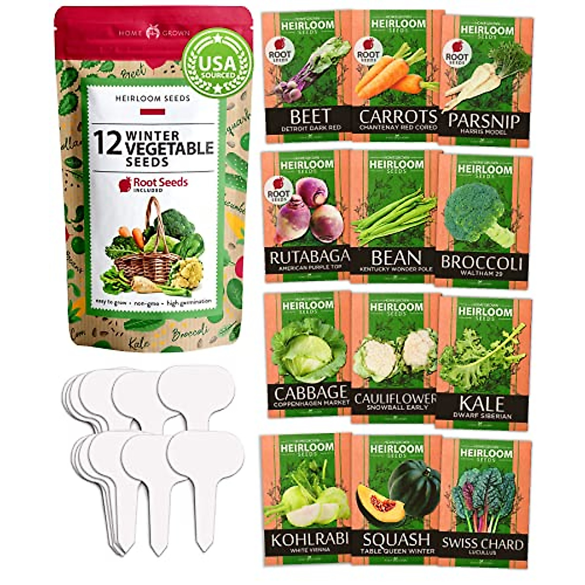 12 Winter Vegetable Seeds - Heirloom, Non-GMO Fall & Winter Vegetable Seeds for Planting Home Garden: Bean, Beet, Broccoli, Cabbage, Carrot, Cauliflower, Kale, Parsnip, Squash, Chard & More