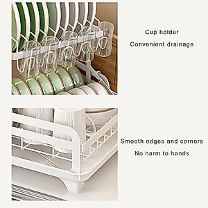 LEAQU Dish Drying Rack,2-Tier Metal Dish Drying Rack with Drain Board, Anti-Rust No Installation Dish Drainer with Utensil Holder,Kitchen Organizer for Dishes, Spoons and Forks White