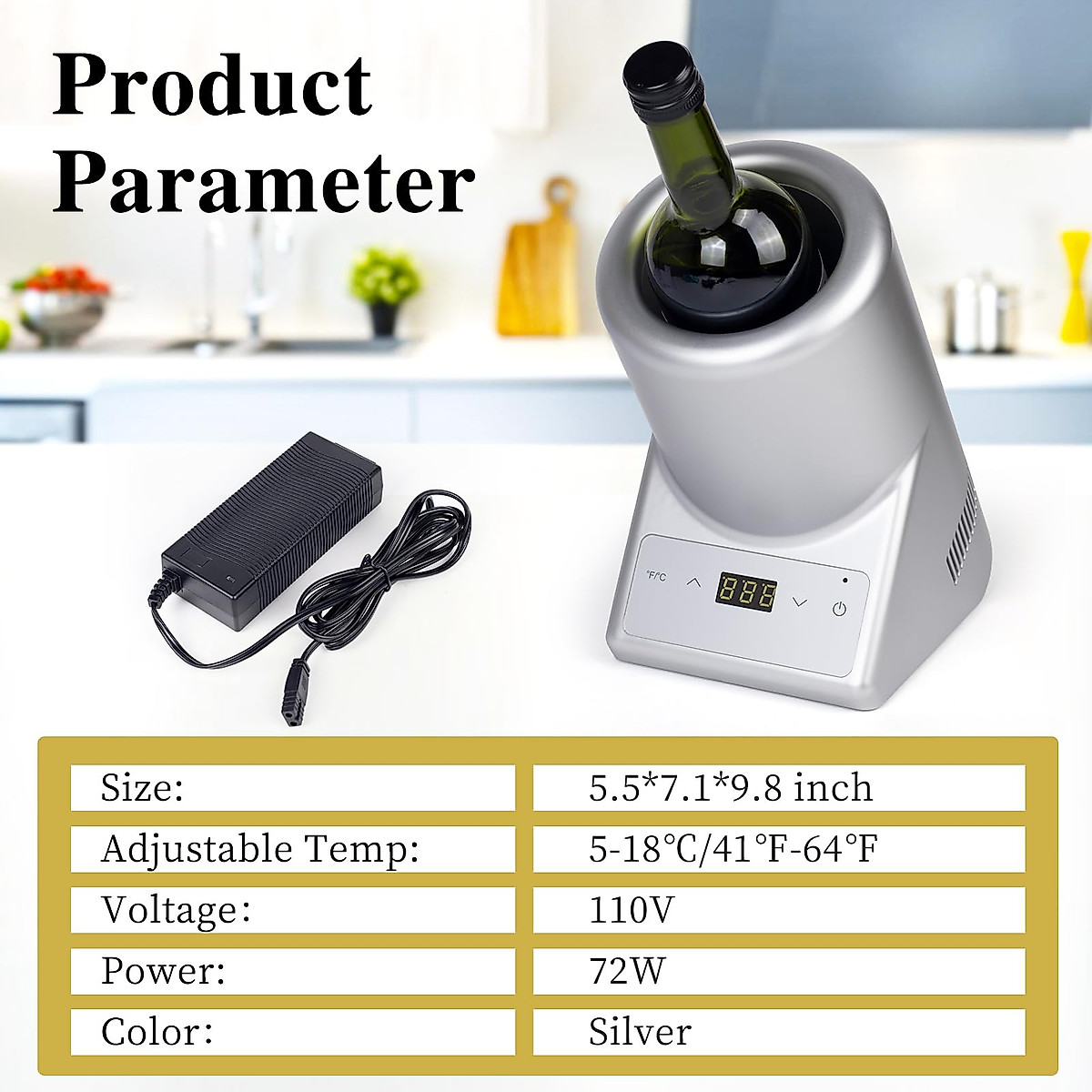 SOKO Electric Wine Chiller, Single Bottle Wine Cooler Keeps 750ml Wine Cold Up to 24 Hours, Stainless Steel, Silver