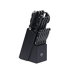 MasterChef Knife Block Set of Kitchen Knives, Large 15pc Stainless Steel Cooking Knife Collection incl. Steak Knives, Cutting Shears & Knife Sharpener with Riveted Handles in a Matte Black Holder