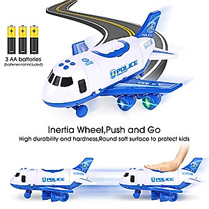 Airplane Toys, Cars Toys Set Fire Truck/Engineering Vehicle/Sanitation Vehicle/Police Car Toys Christmas Birthday Gift for 3 4 5 6 Years Old Boys Toddlers Deformable Aircraft Storage Cars Toy (Blue)