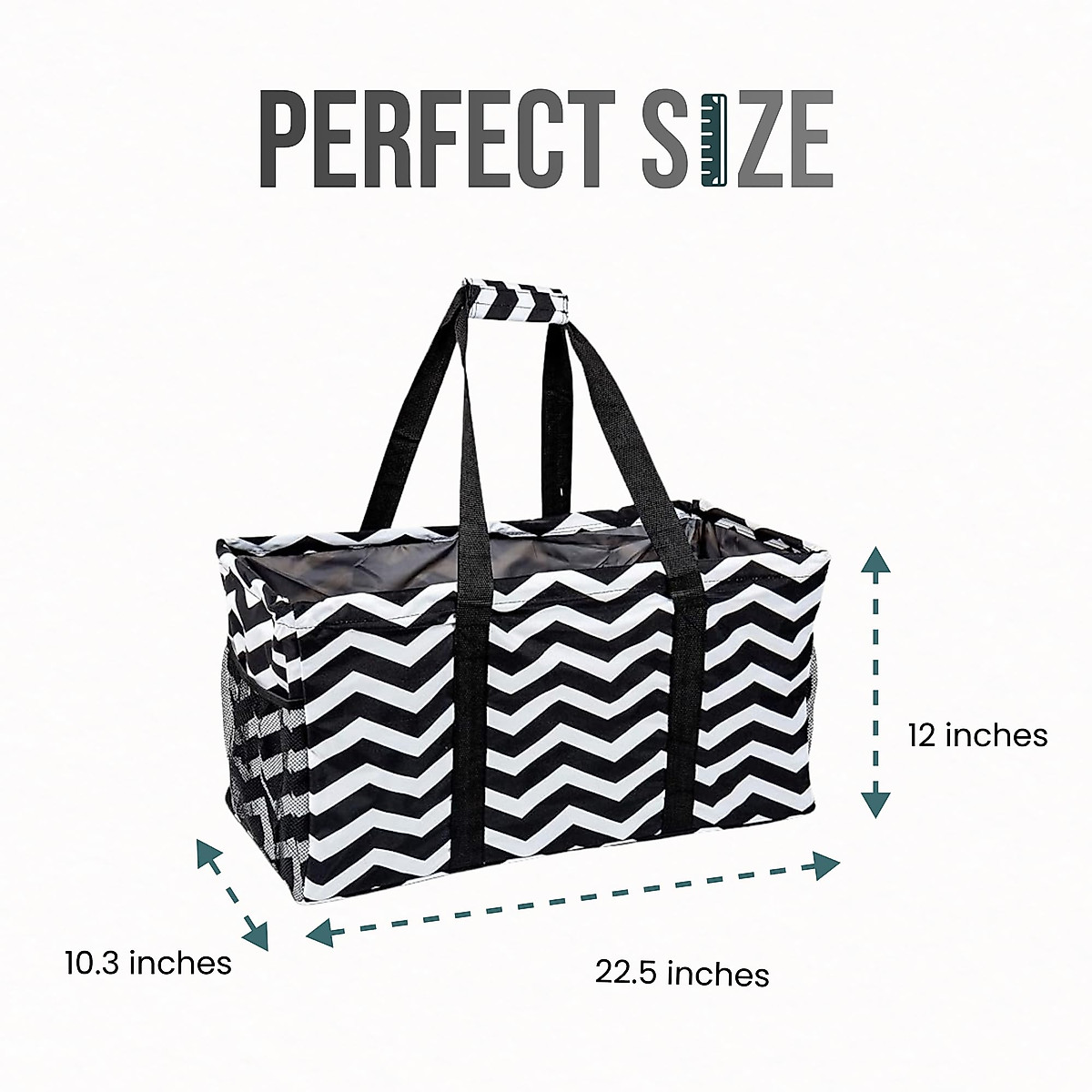 Lucazzi Extra Large Utility Tote Bag - Oversized Collapsible Reusable Wire Frame Rectangular Canvas Basket With Two Exterior Pockets For Beach, Pool, Laundry, Car Trunk, Storage - Chevron Black